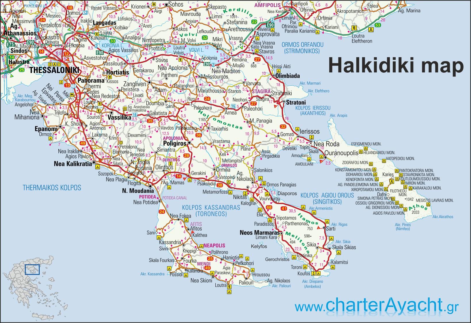Halkidiki Grčija map - Zemljevid Grčije Halkidiki (Južni Evropi - Evropa)